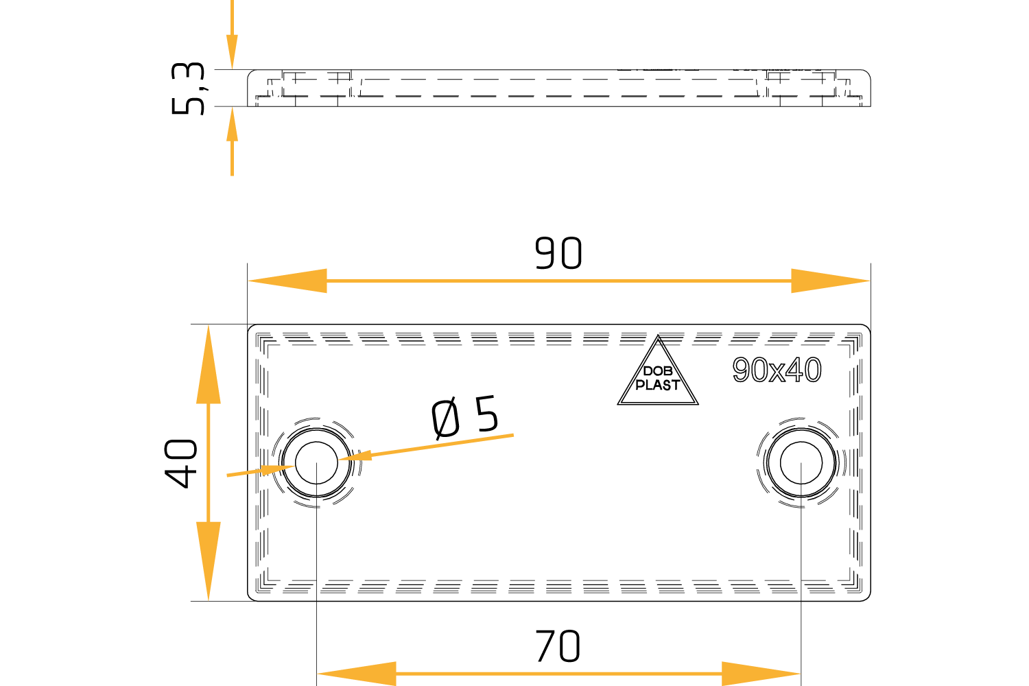Set: four yellow rectangular reflectors 90x40 mm with holes - UNITRAILER